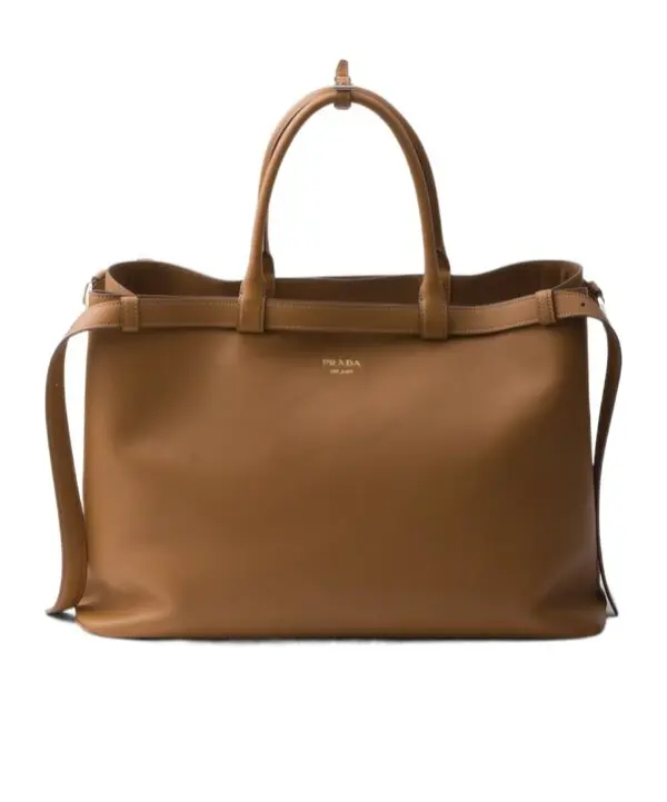 Prada Leather Handbag With Double Belt Detail - Brown