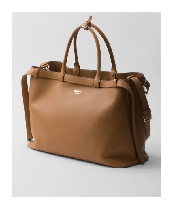 Prada Leather Handbag With Double Belt Detail - Brown