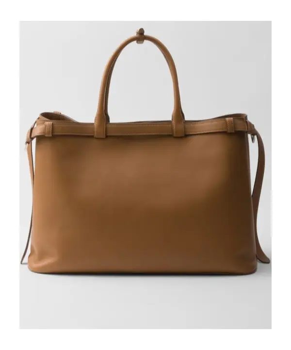 Prada Leather Handbag With Double Belt Detail - Brown