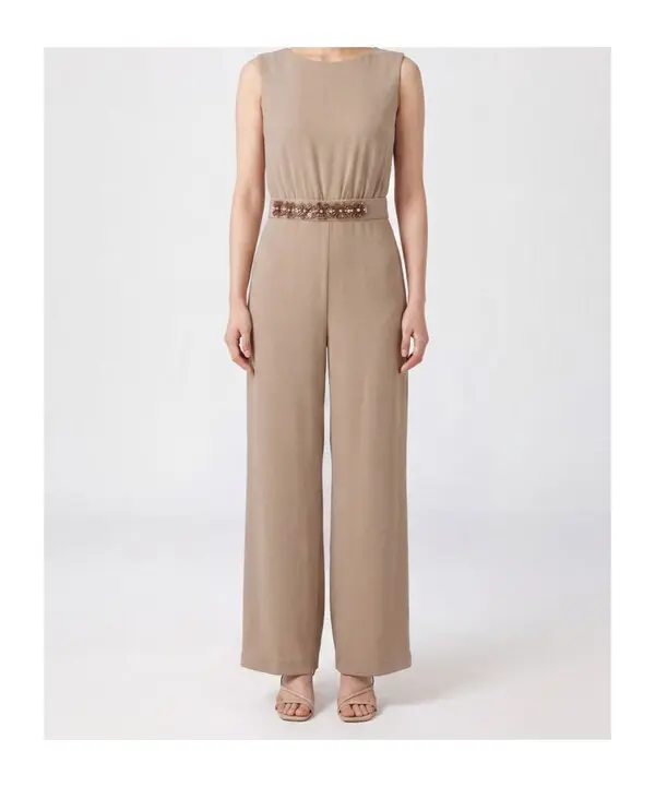 P.a.r.o.s.h Sleeveless Crepe Jumpsuit With Embellished Waistline - Nude