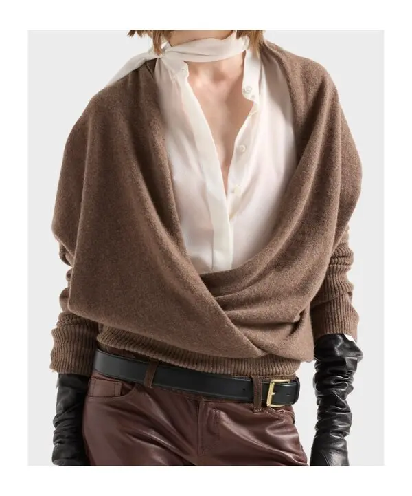 7 For All Mankind Wool V-neck Wrap Sweater - Light Brown