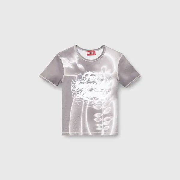 DIESEL® Ribbed Jersey Top With Graphic Print - Grey