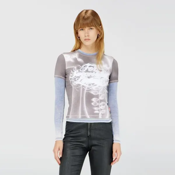DIESEL® Ribbed Jersey Top With Graphic Print - Grey