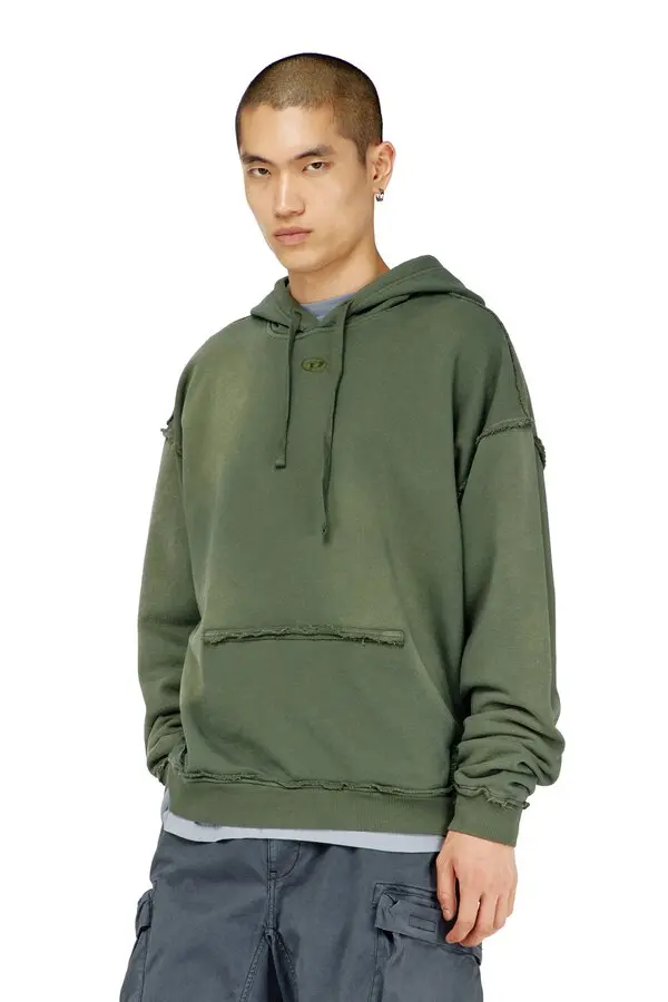 DIESEL® Faded Cotton Hoodie With Frayed Details - Green