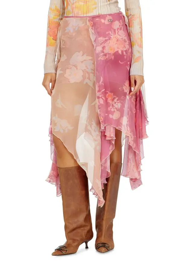 DIESEL® Asymmetric Floral Midi Skirt In Viscose And Silk - Pink