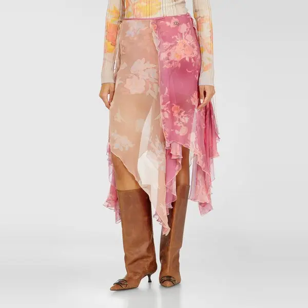 DIESEL® Asymmetric Floral Midi Skirt In Viscose And Silk - Pink