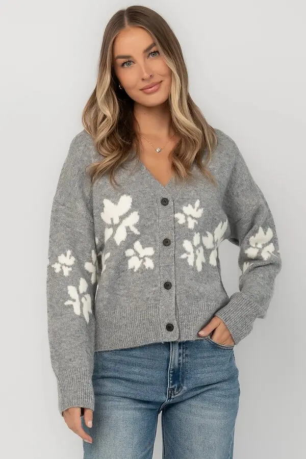 IN FEBRUARY Adelana Floral Knit V-neck Cardigan - Gray