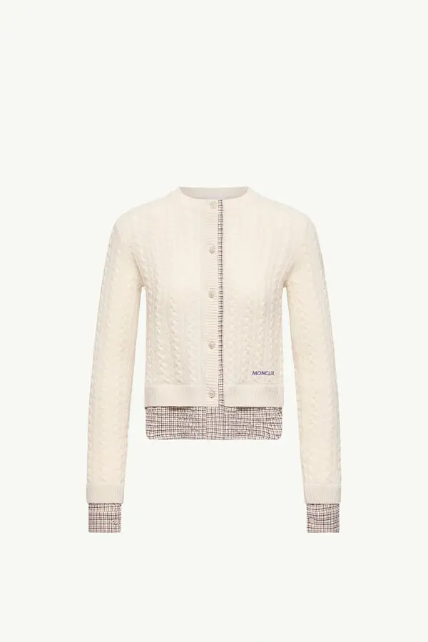 Moncler Cable Knit Wool & Cashmere Blend Cardigan With Madras Cotton Flannel Details