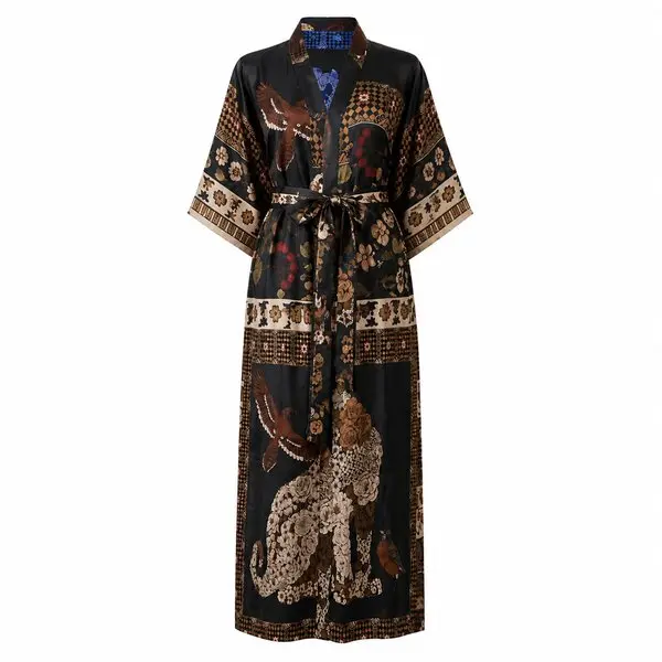 WENZI Long Silk Kimono Robe - Black/purple