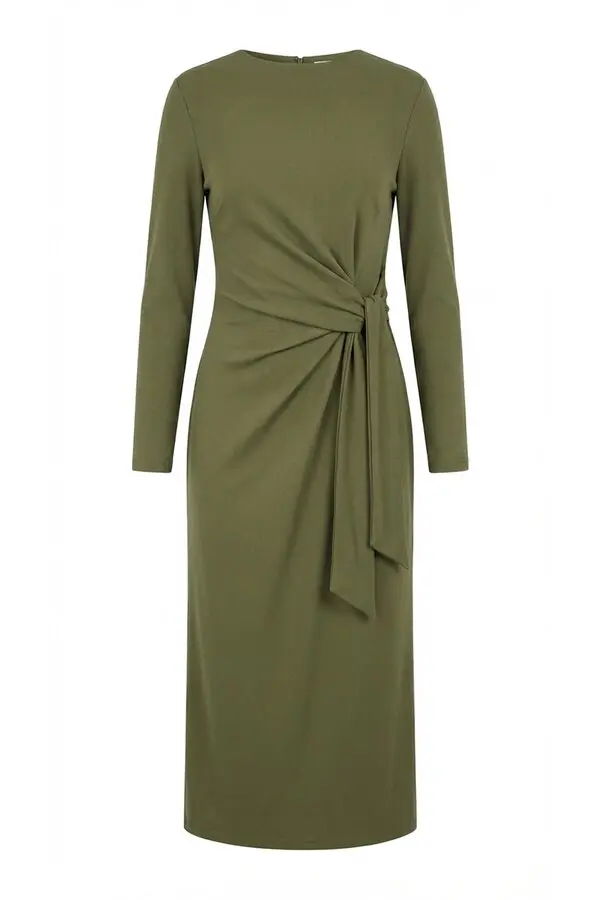 EXQUISE Gascon Crew Neck Long Sleeve Knit Midi Dress Khaki - Green