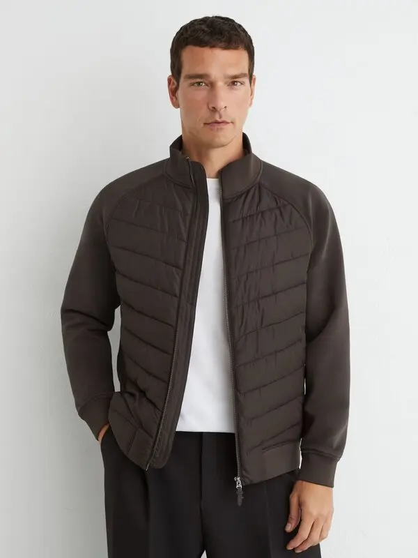 REISS Calvorn Hybrid Quilted Zip Jacket - Brown