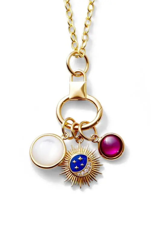 SYNA JEWELS 18k Yellow Gold Celestial Charm Necklace With Mother Of Pearl, Rubellite, And Diamonds - Blue