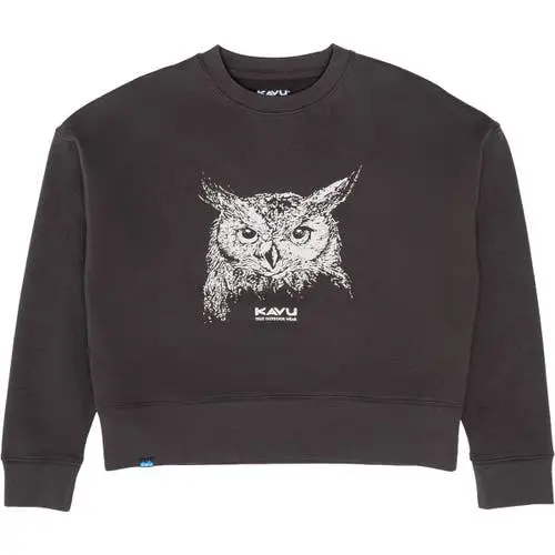 KAVU Crew Crop Top Organic Cotton Fleece Sweatshirt With Graphic - Night Owl