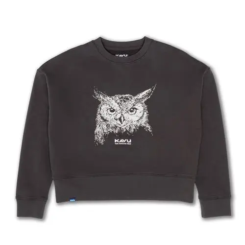 KAVU Crew Crop Top Organic Cotton Fleece Sweatshirt With Graphic - Night Owl