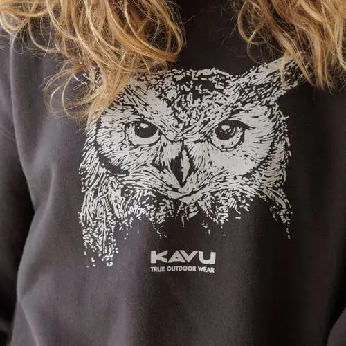 KAVU Crew Crop Top Organic Cotton Fleece Sweatshirt With Graphic - Night Owl
