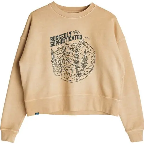KAVU Crew Crop Top Organic Cotton Fleece Sweatshirt With Graphic - Teak