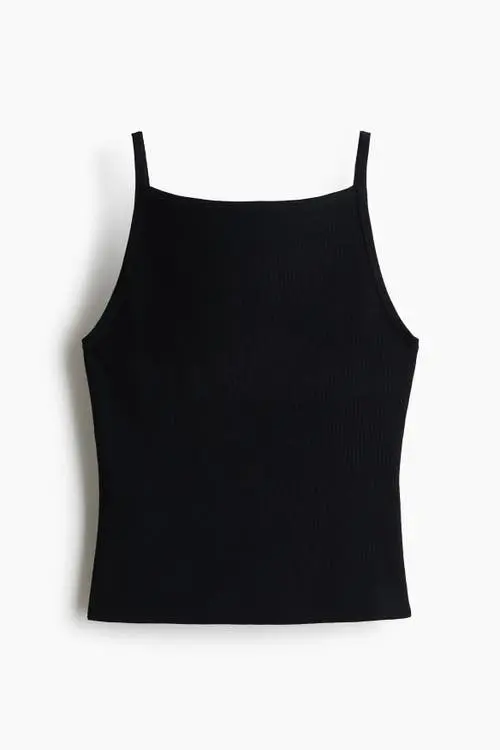 H&M Rib-knit Tank Top With Narrow Shoulder Straps - Black