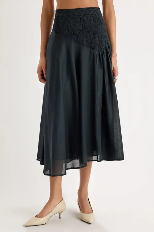 Merlette Amalia Skirt Cotton Voile Tea Length Skirt - Black