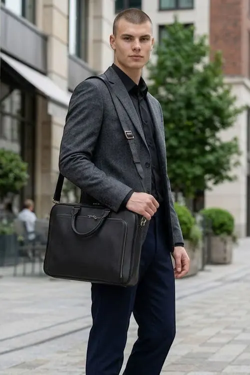 LUIS STEVEN Italian Pebble Leather Laptop Briefcase - Black