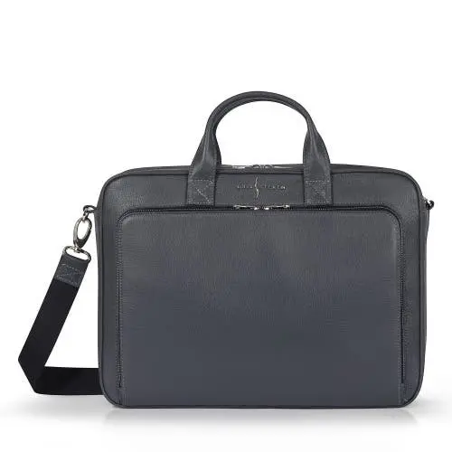 LUIS STEVEN Italian Pebble Leather Laptop Briefcase - Dark Grey