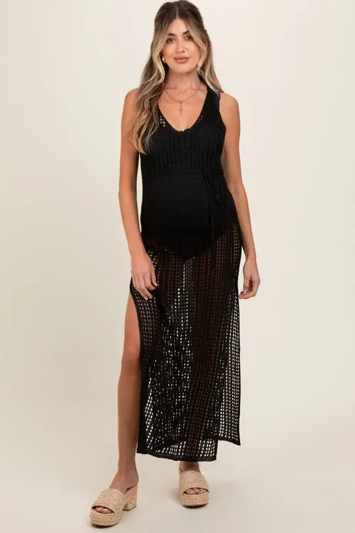 PINKBLUSH Crochet V-neck Side Slit Cover Up - Black