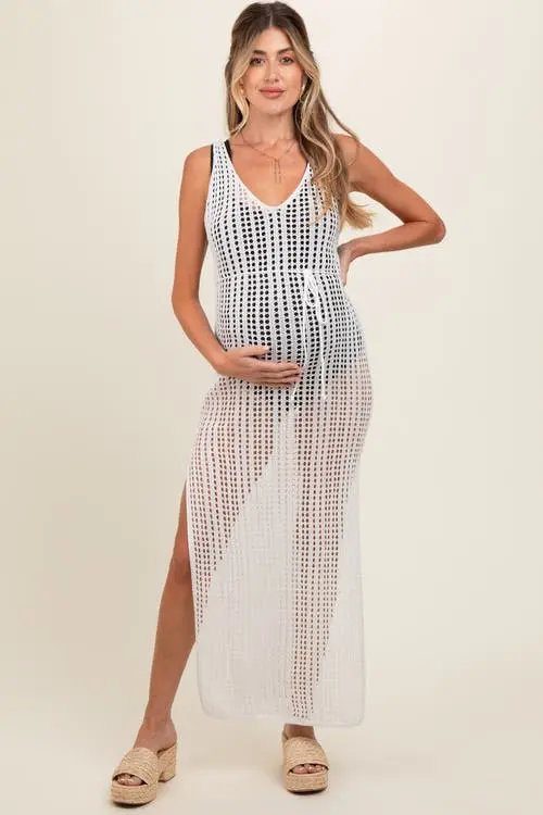 PINKBLUSH Crochet V-neck Side Slit Cover Up - White