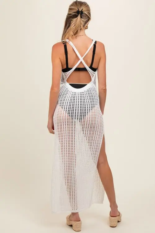 PINKBLUSH Crochet V-neck Side Slit Cover Up - White