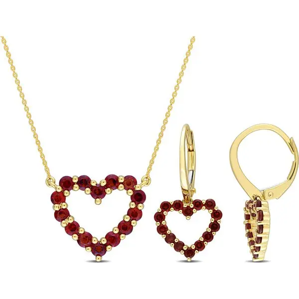 JULIANNA B. 10k Yellow Gold Heart Pendant Necklace And Earrings Set - Garnet