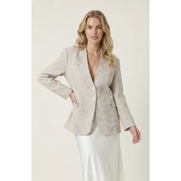 MODENAIRE Floral Embroidered Linen Blazer - White