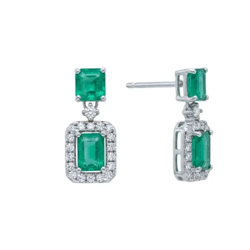 QIRAT FINE JEWELRY Emerald Cut Emerald & Diamond Halo Drop Earrings