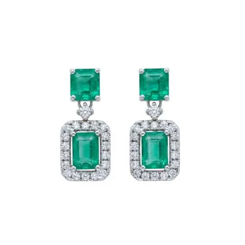QIRAT FINE JEWELRY Emerald & Diamond Halo Drop Earrings - Green