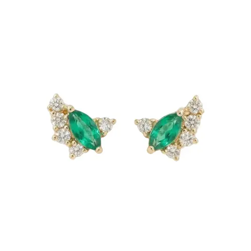 QIRAT FINE JEWELRY Marquise Emerald And Round Diamond Stud Earrings In 18k Yellow Gold