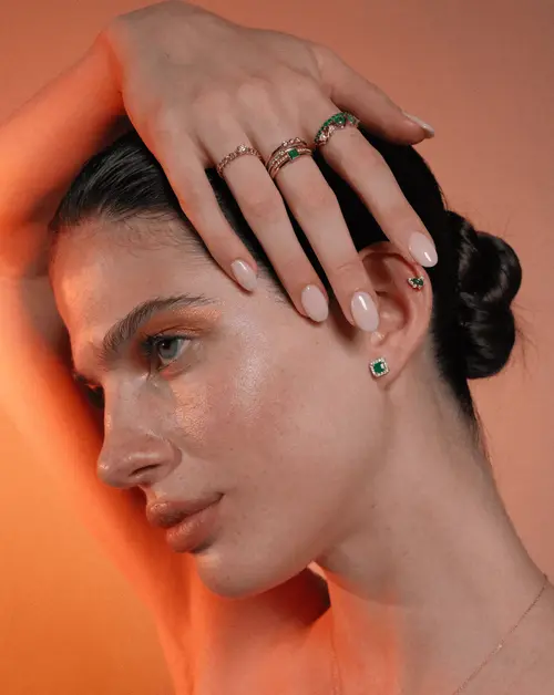 QIRAT FINE JEWELRY Marquise Emerald And Round Diamond Stud Earrings In 18k Yellow Gold