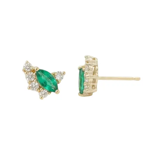 QIRAT FINE JEWELRY Marquise Emerald And Round Diamond Stud Earrings In 18k Yellow Gold
