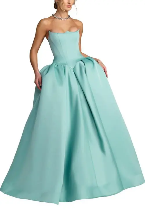 Mac Duggal Strapless Sweetheart Satin Ball Gown With Pockets - Seafoam