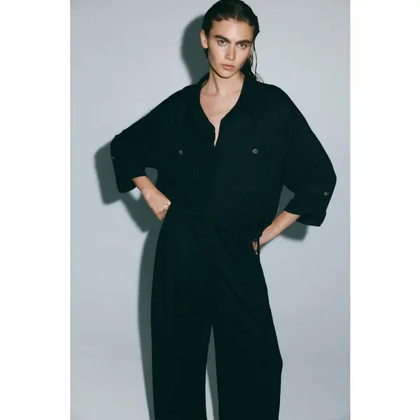 H&M Piqué Pullover Shirt With Dropped Shoulders And Chest Pockets - Black