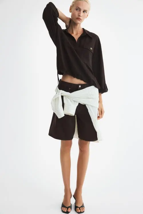 H&M Piqué Pullover Shirt With Dropped Shoulders And Chest Pockets - Dark Brown