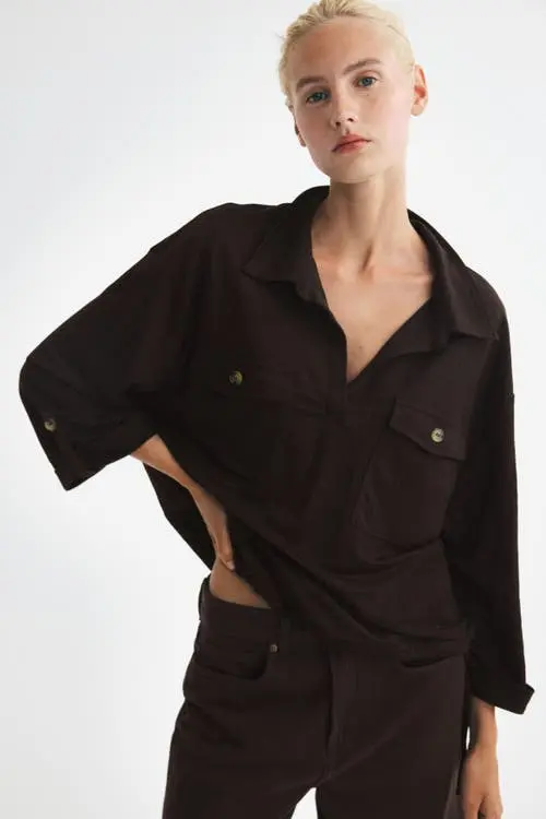 H&M Piqué Pullover Shirt With Dropped Shoulders And Chest Pockets - Dark Brown