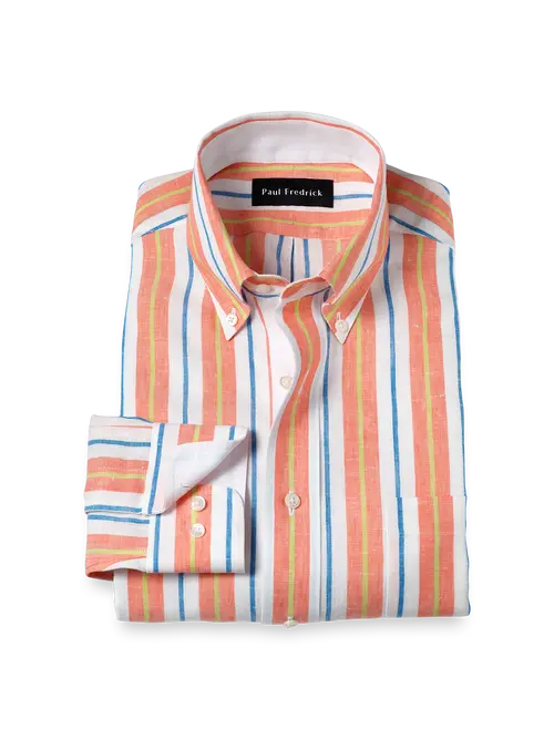 PAUL FREDRICK Linen Buttondown Collar Poplin Tailored Contrast Trim Button Cuff Long Sleeve