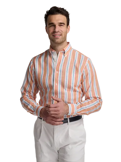 PAUL FREDRICK Linen Buttondown Collar Poplin Tailored Contrast Trim Button Cuff Long Sleeve