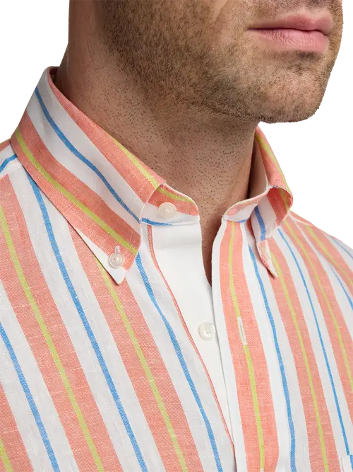 PAUL FREDRICK Linen Buttondown Collar Poplin Tailored Contrast Trim Button Cuff Long Sleeve
