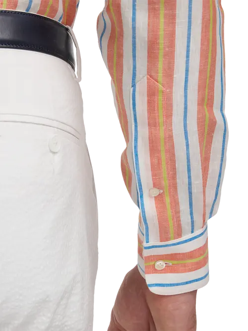 PAUL FREDRICK Linen Buttondown Collar Poplin Tailored Contrast Trim Button Cuff Long Sleeve