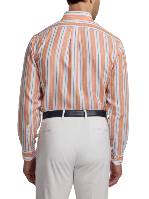 PAUL FREDRICK Linen Buttondown Collar Poplin Tailored Contrast Trim Button Cuff Long Sleeve