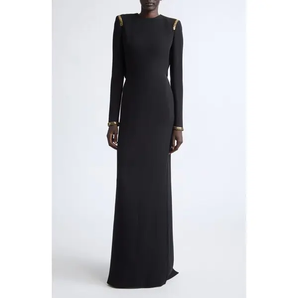 TOM FORD Chainmail Trim Long Sleeve Silk Evening Dress - Black/gold