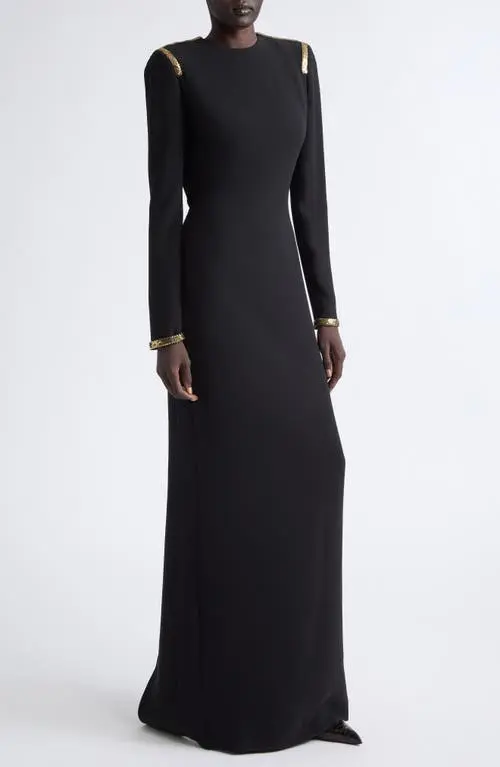 TOM FORD Long Sleeve Silk Evening Dress With Chainmail Trim - Black/gold