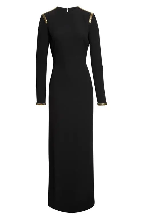 TOM FORD Long Sleeve Silk Evening Dress With Chainmail Trim - Black/gold