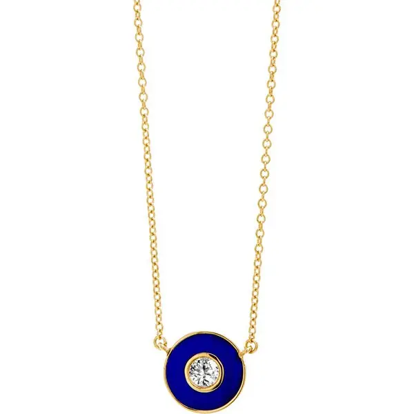 SYNA JEWELS 18k Yellow Gold Enamel Disc Diamond Pendant Necklace - Blue Enamel