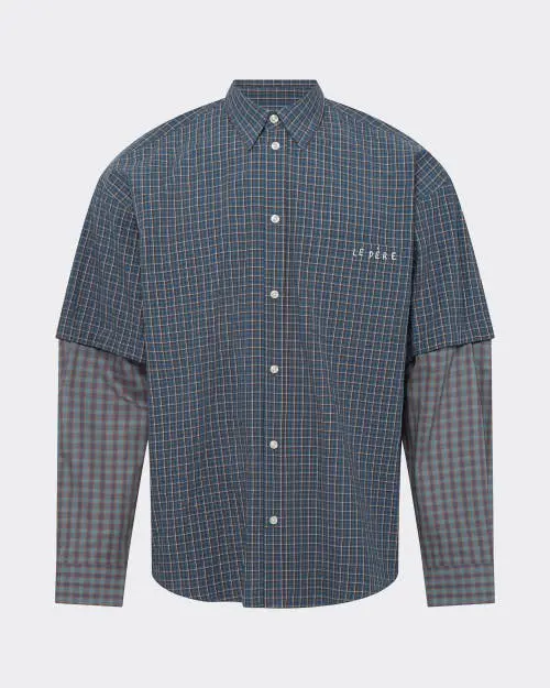 LE PERE Detached Sleeve Button Down Shirt - Blue Check