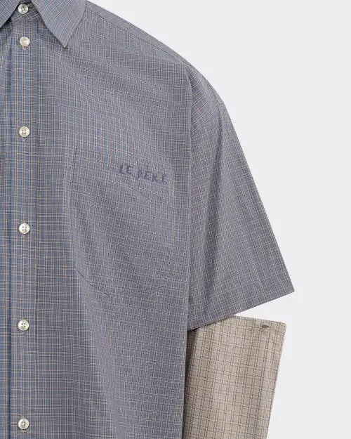 LE PERE Detached Sleeve Button Down Shirt - Blue Sage Combo