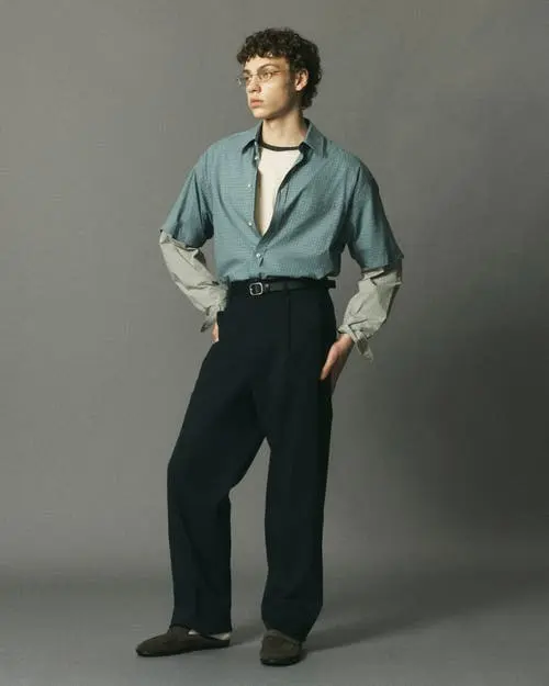 LE PERE Detached Sleeve Button Down Shirt - Blue Sage Combo